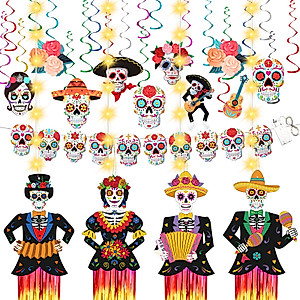 MotiMind 29 Pcs Day of The Dead Decorations Sugar Skull Hanging Swirl Decorations Sugar Skull Banner Sugar Skull Hanging Decor with LED String Lights for Dia De Los Muertos Fiesta Party Supplies