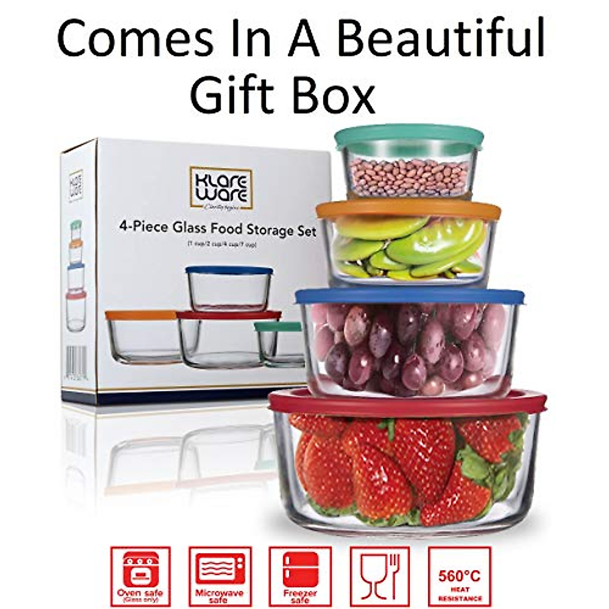 Klare Ware 1 Cup 2 Cup 4 Cup 7 Cup Glass Food Storage Containers Stackable Meal Prep Lunch Bento or leftover salad bowls Dish w BPA Free Lids 8 Piece Multi Color Set (8 Pcs Set)