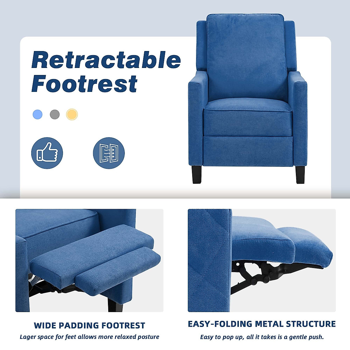 AVAWING Push Back Recliner Chair, Wing Back Chairs with Arms, Mid-Century Vintage Accent Chair for Living Room, Polyester, Blue