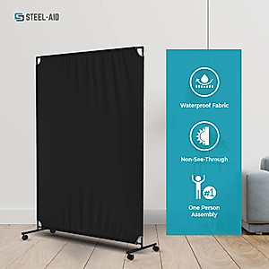 Steel-AID 50-inch Rolling Privacy Room Divider - Freestanding Office Wall Partition with Non See-Through Blackout Screen - Sturdy & Durable Iron Frame - Rolling Wheels - Black, White, Gray & Blue