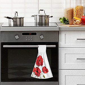 Spring Red Poppy Kitchen Hanging Towel 12 x 17 Inch Rose Blossom Floral Flowers Hand Tie Towels Set 2 Pcs Tea Bar Dish Cloths Dry Towel Soft Absorbent Durable for Bathroom Laundry Room Decor