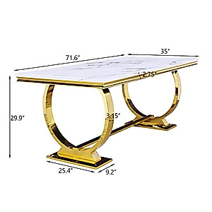 ACEDÉCOR 7-Piece Luxury Dining Room Table Set, Kitchen and Dining Room Set with 6 Black Leather Dining Chairs, White and Gold Dining Table with Stainless Steel Metal U-Base(1 Table+6 Chairs)