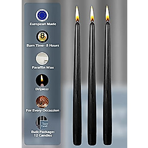 12 Pack Tall Taper Candles - 10 Inch Black Dripless, Unscented Dinner Candle - Paraffin Wax with Cotton Wicks - 8 Hour Burn Time