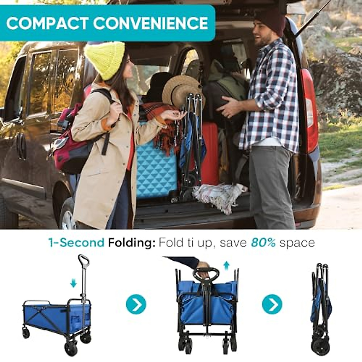 Collapsible Foldable Wagon, Beach Cart Large Capacity, Heavy Duty Folding Wagon Portable, for Outdoor Sports, Shopping, Camping, Blue