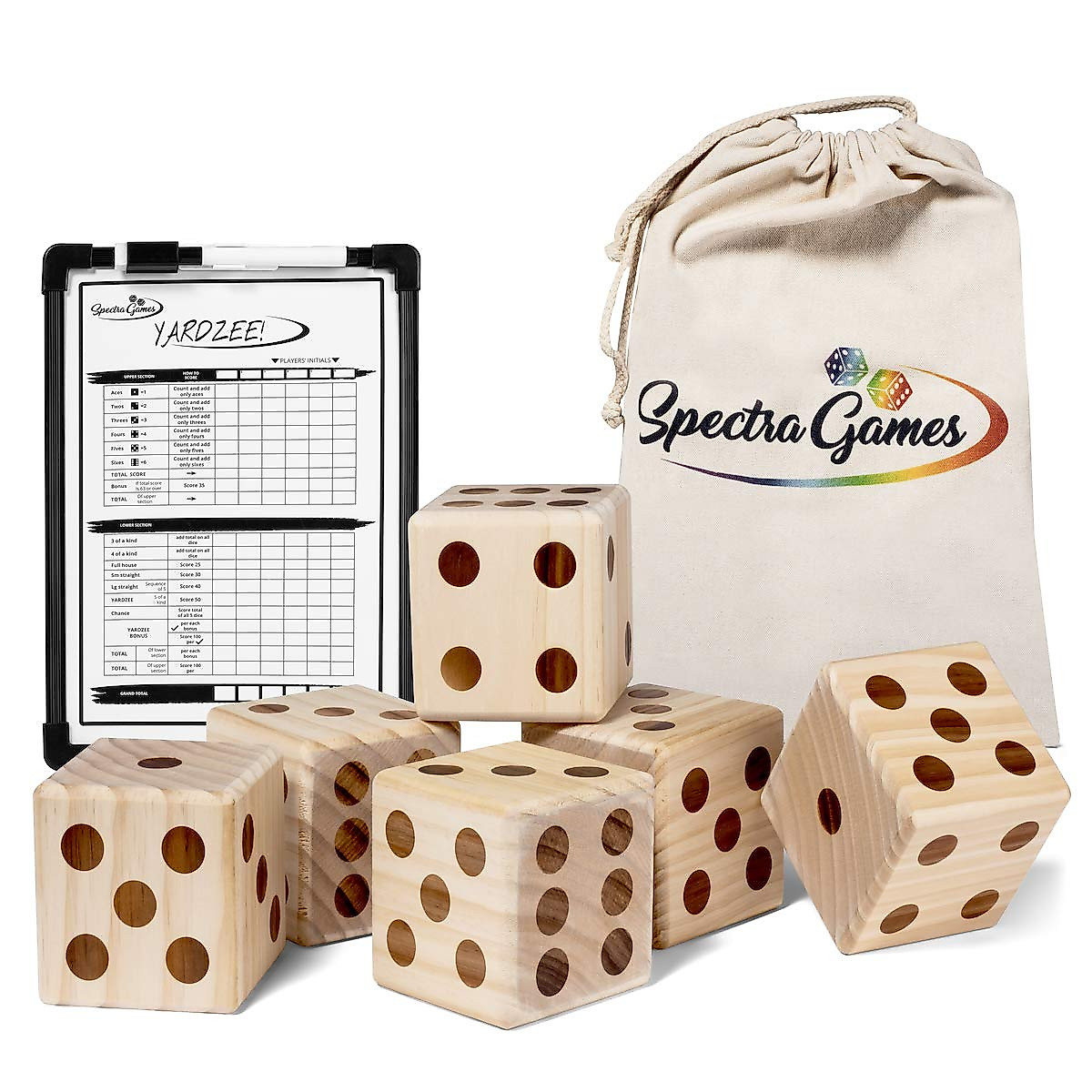 Giant Wooden Yard Dice Set for Lawn Games and Outdoor Yard Games. Family Fun - Includes Larger Double Sided Yardzee and Farkle Dry Erase Scoreboard, 6 Dices (White)