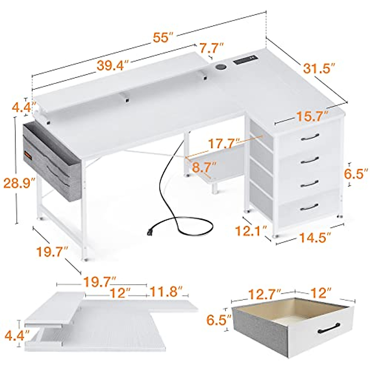 ODK 55 inch L Shaped Computer Desk with USB Charging Port & Power Outlet, L-Shaped Corner Desk with 4 Tier Drawer & Monitor Shelf for Home Office Workstation, Modern Style Writing Table, White