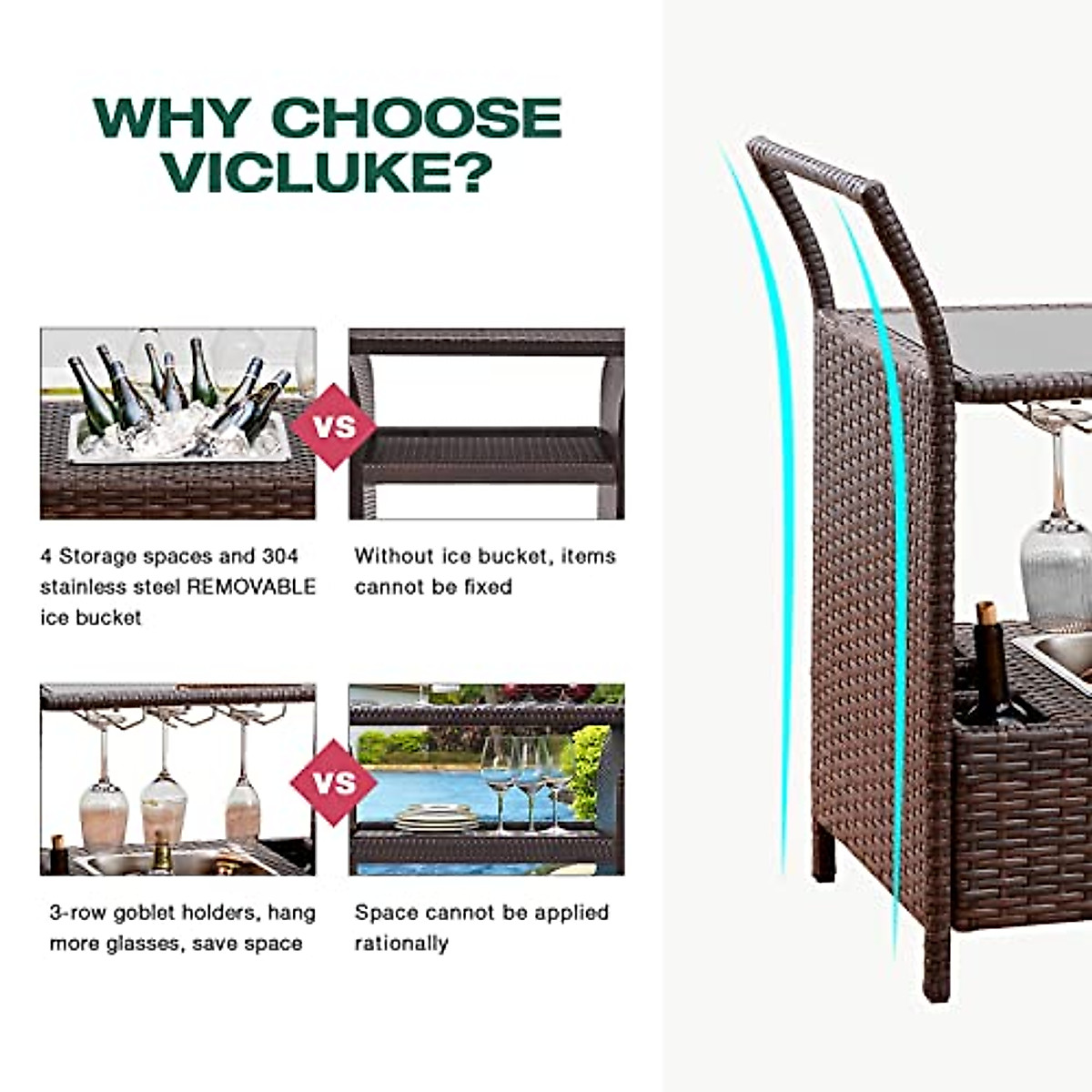 Vicluke Outdoor Wicker Bar Cart with Removable Ice Bucket, Rattan Bar Serving Cart with Glass Holder and Wheels, Beverage Cart with Glass Countertop for Pool, Party, Backyard