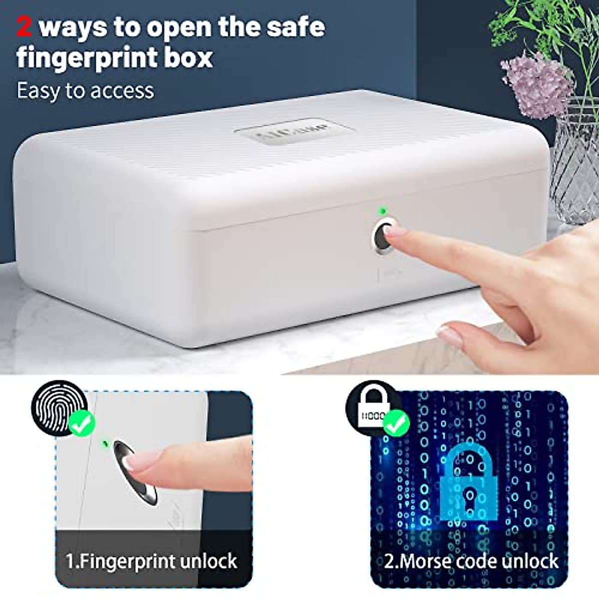 Biometric Fingerprint Storage Box,AICase Portable Cash Jewelry Security Case Lock Box Safe,Combination Lock for Car, Home,Office Travel White