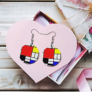 Mondrian Style Round Wooden Earrings Pendant Retro Dangle For Women Girl's