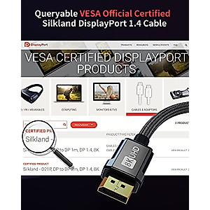 Silkland [VESA Certified 8K DisplayPort Cable 1.4 240Hz, DP Cable [8K@60Hz, 4K@144Hz, 2K@240Hz 165Hz], Braided High Speed Display Port Cord, Compatible for Laptop FreeSync G-Sync Gaming Monitor 6.6FT