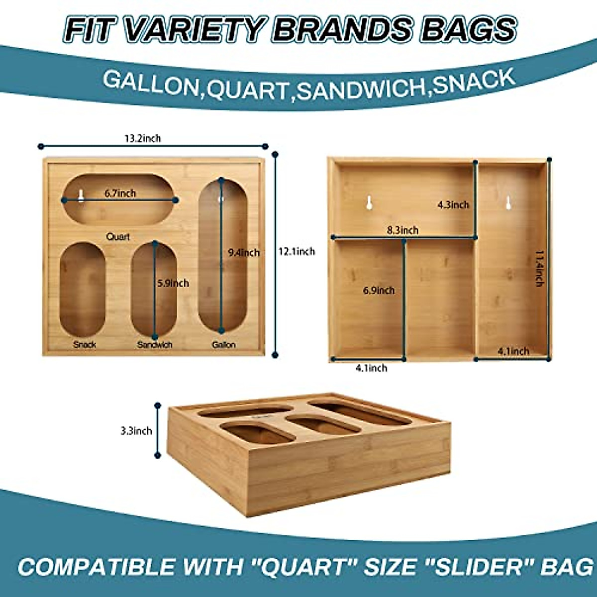 Ziplock Bag Storage Organizer, Bamboo Food Storage Bags Container Organizer with Slider