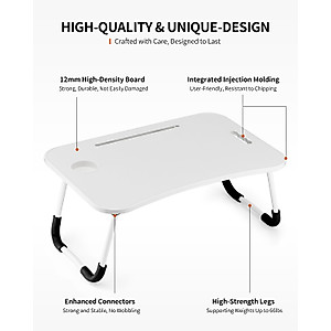 FISYOD Foldable Laptop Table, Portable Lap Desk Bed Table Tray, Laptop Stand with Cup Holder & Tablet Slot & Lifting Handle for Working Writing Drawing & Eating (White)