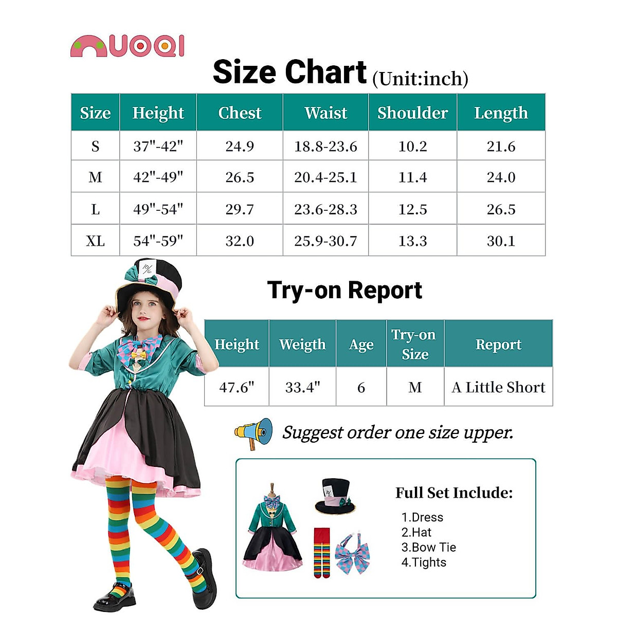Nuoqi Girls Mad Hatter Costume Mad Hatter Tea Party Costume Halloween Dress with Hat M