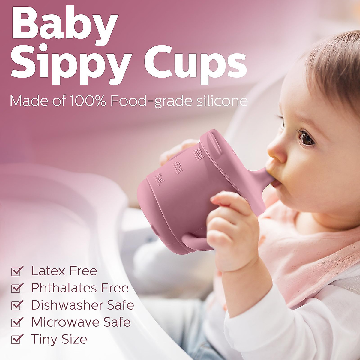 Baby Straw Cup Silicone Baby Training Cup 6 oz Infant Learning Cup Baby Training Sippy Cute Cup with Lid and Handle Baby Transition Cup for Over 6 Months Baby Infant Toddler (Pink, 1)