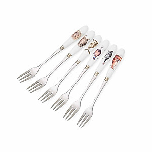 Royal Worcester Wrendale Designs Pastry Forks | 6 Inch Dessert Forks | Set of 6 Forks with Assorted Animal Motifs | Made from Stainless Steel with Porcelain Handles