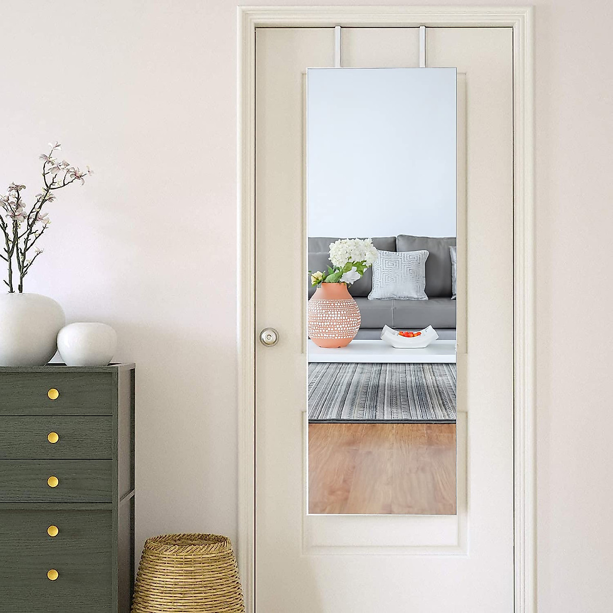 HOUAGI Mirror Jewelry Cabinet,Wall/Door Mounted Jewelry Armoire Organizer,42.5'' High Full Length Mirror with Jewelry Storage with Slide Rail, White-Slide Door