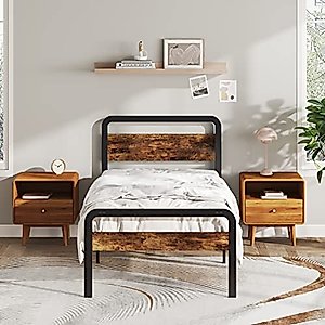 Upcanso Twin Size Bed Frame with Wood Headboard and Footboard, Platform Twin Bed Frames No Box Spring Needed with Heavy Duty Slats for Kids, Easy Assembly
