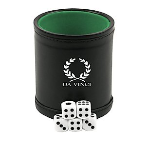 DA VINCI Professional Dice Cup with 5 Dice. Black Leatherette Exterior with Velvet Interior (Green-Felt)