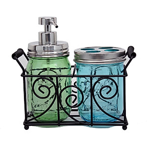 Mason Jar Lifestyle Caddy for 2 Pint Mason Jars with Swirl Design and Black Wire Handles