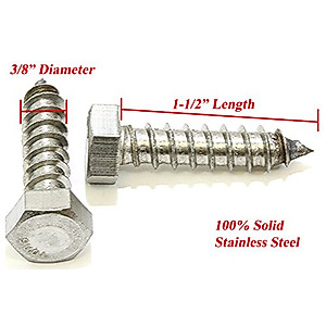Bolt Dropper 3/8" x 1-1/2" Stainless Hex Head Lag Bolt Screws, (25 Pack), 304 (18-8) Stainless Steel Coach Bolts/Large Screws for Wood with Plain Finish by Bolt Dropper