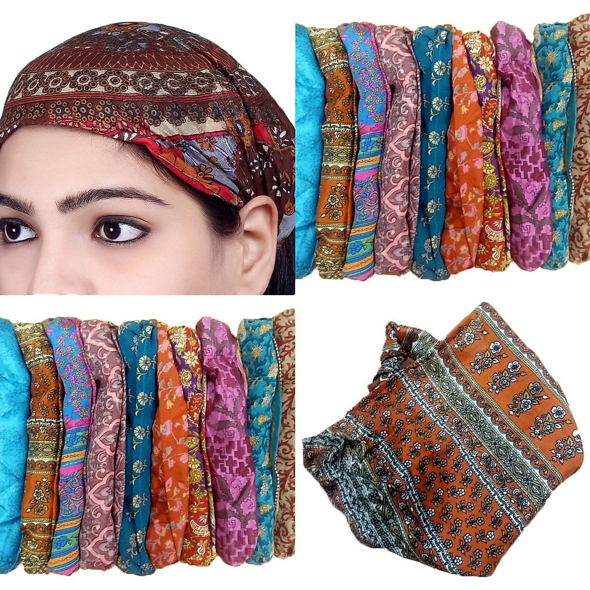 SARJANA HANDICRAFTS Lot 10 Pieces Womens Mens Silk Headband Printed Hairband Bandana Wrap Band (Multicolored (Assorted))