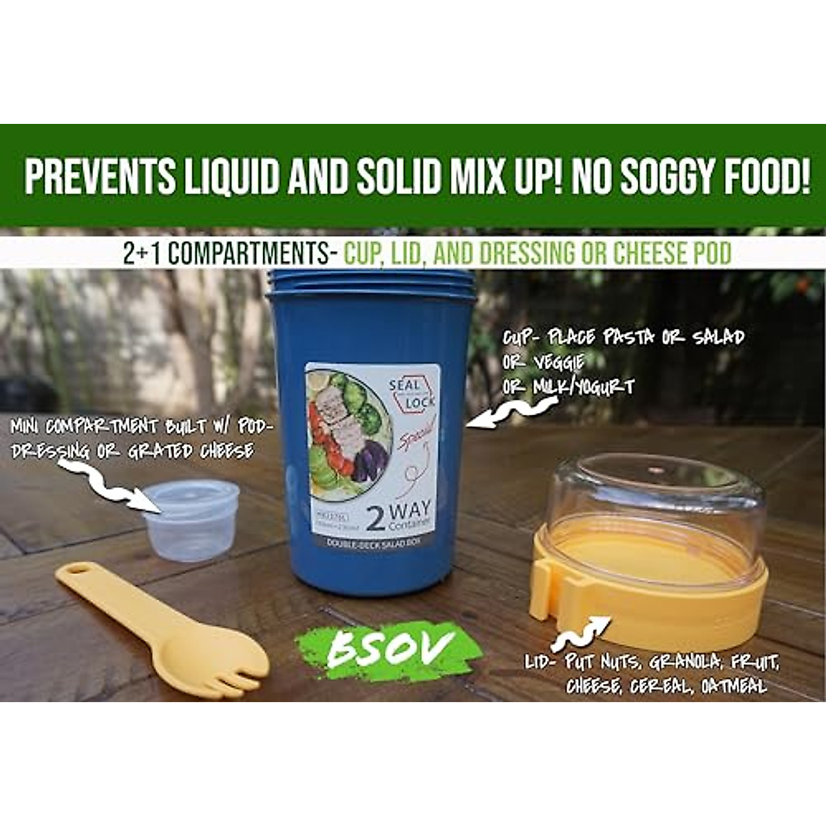 BSOV 2 in 1 Salad To Go Container Lid & Cereal Oats Yogurt Take Out Container with Fork & Dressing Pod, On the Go Portable Food Meal Prep Storage for Lunch and Jar, 3 Compartments (Pink)