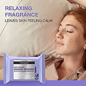 Neutrogena Night Calming Cleansing Makeup Remover Face Wipes, Nighttime Facial Wipes to Remove Dirt & makeup, Leaves Skin Feeling Calm, Alcohol-Free, 100% Plant Based Cloth, 25 ct, Twin Pack