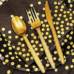 350 Pieces Gold Disposable Party Dinnerware Set &Golden Dot Disposable Party Dinnerware - Black Paper Plates Napkins Cups, Gold Plastic Forks Knives Spoons