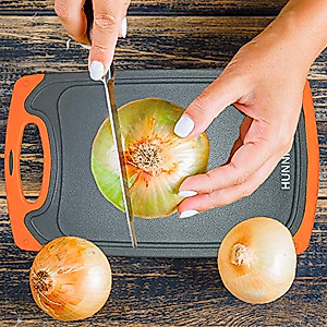 HUNNION Kitchen Cutting Board 3 Piece Set : Juice Grooves with Easy-Grip Handles, BPA-Free, Non-Porous, Dishwasher Safe, Multiple Size Plastic Cutting Boards (Orange)