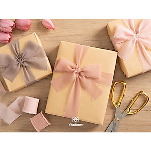 Vitalizart Dusty Rose Handmade Chiffon Silk Ribbon Fringe 1.5" x 21 Yd Frayed Edges Brown Ribbons for Wedding Invitations Bridal Bouquets Gifts Wrapping Crafts Holiday Party Decorations Nude Pink