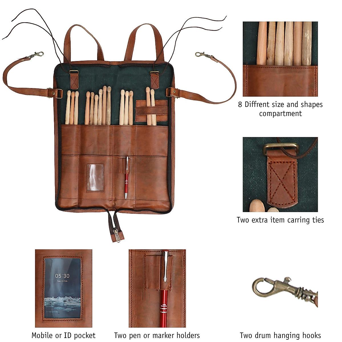 WerKens Leather Drumstick Bag Floor Tom Hooks Holds 10-12 Pairs Drum Sticks Mallets Brushes Percussion Drum Stick Bag Detachable Shoulder Strap Easy Carry Handles (Brown) – DSB003