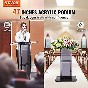 VEVOR Acrylic Podium, 47" Tall, Acrylic Podium Stand with Wide Reading Surface & Storage Shelf, Floor-Standing Clear Pulpits Acrylic for Church Office School, Black