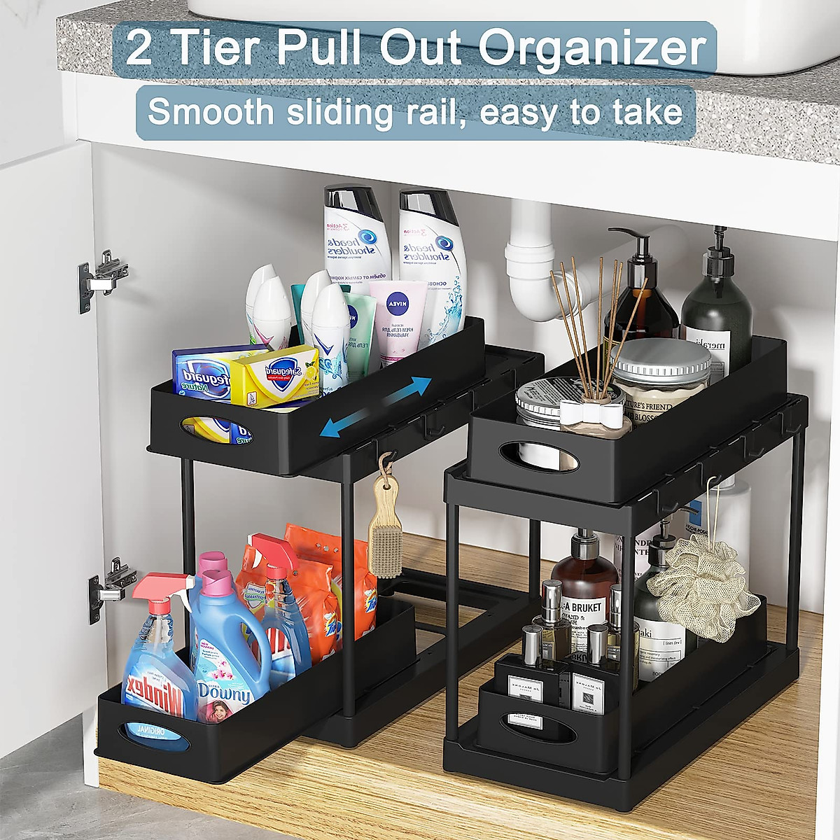 YumKubis Under Sink Organizers and Storage, 2 Tier Sliding Bathroom Cabinet Organizer, Pull Out Under Sink Storage, Black Bathroom Counter Organizer with Drawers & 4 Hooks for Kitchen, Bathroom
