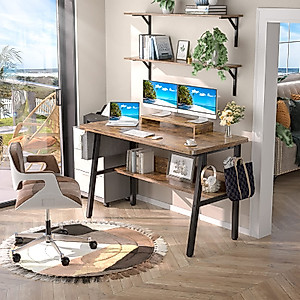 55 Inch Computer Desk, Desk with Monitor Stand, 55.2'' Office Laptop Table with Bookshelves, Study Writing Desk with Storage Bag and Hooks, Sturdy Desk for Home Office Workstation, Rustic