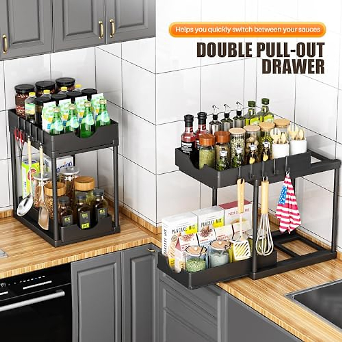 2 Pack Under Sink Organizer，Bathroom Cabinet Organizer, 2 Tier Sliding Cabinet Organizer Drawer with 8 Hooks Pull Out Cabinet Organizer Multi-Purpose Organizer for Bathroom Kitchen (Black x 2)