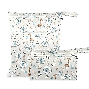 SDMKA 2Pcs Wet Dry Bag for Baby Cloth Diapers Cute Elephants Reusable Waterproof Wet Bag with Two Zippered Pockets for Travel Beach Pool