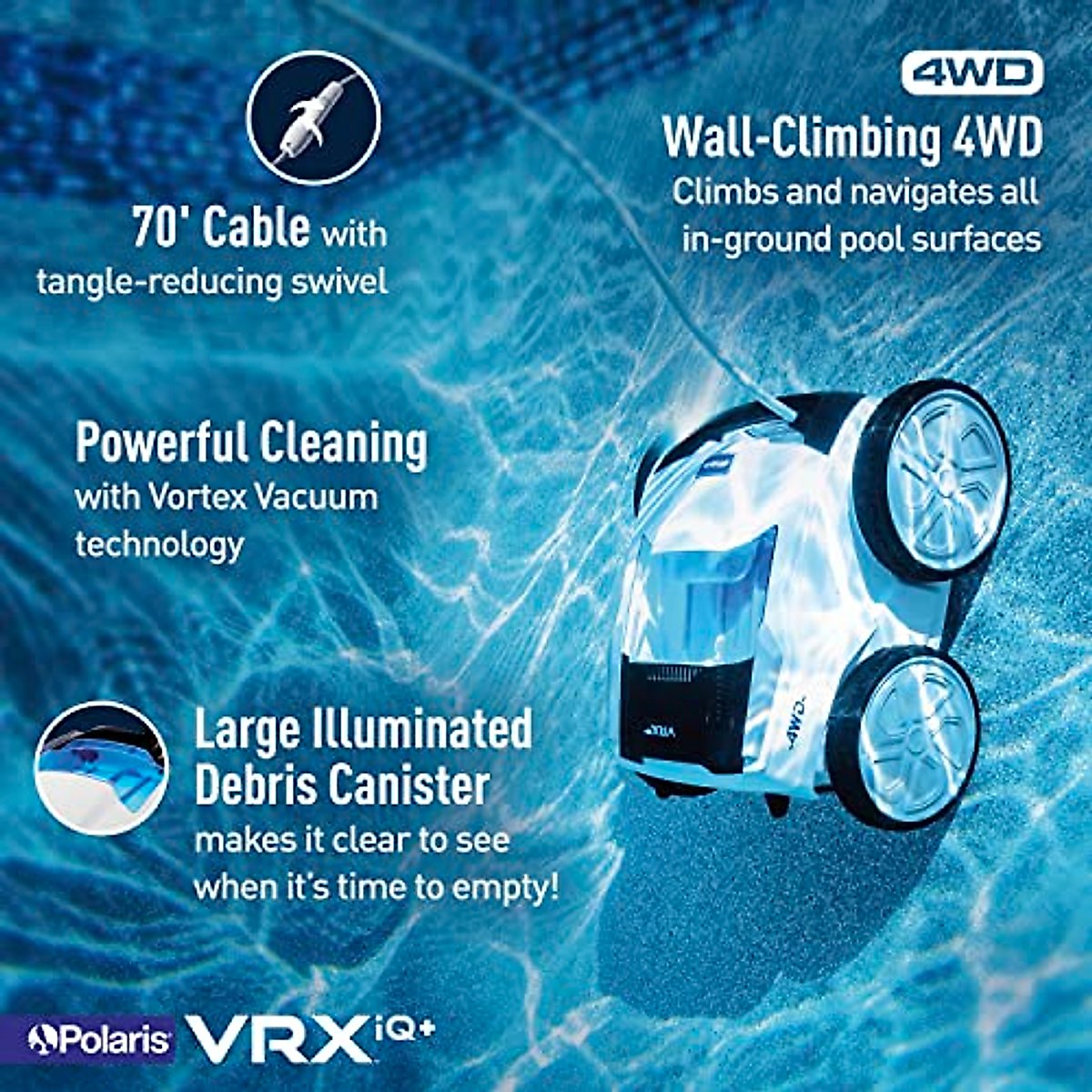 Polaris VRX iQ+ Smart Robotic Pool Cleaner with iAquaLink Control, Extra Long 70' Cable w/Tangle reducing Swivel, Large Debris Canister and 7 Cleaning Modes