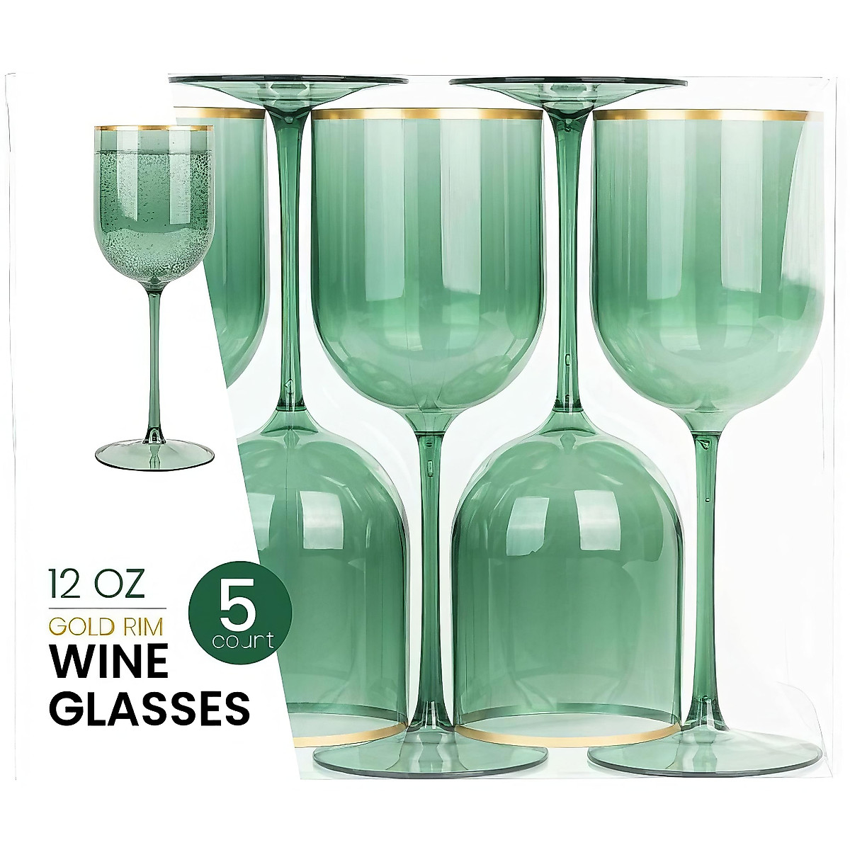 Blue Sky Green Plastic Wine Glasses With Gold Rim - 12oz (5-Pack) Reusable, Disposable Cups for Parties and Events