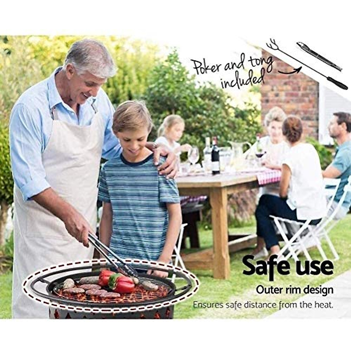 LEAYAN Garden Fire Pit Portable Grill Barbecue Rack Outdoor Round Fire Pit - Outdoor Bronze Fire Pit Metal Poker Iron, Mesh Ember Spark Guard Screen Cover with Cover BBQ Cooking for Camping Backyard