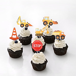 36 PCS Construction Cupcake Toppers Stop Sign Dump Truck Excavator Tractor Party Cake Food Picks Decorations for Construction Theme Baby Shower Kids Birthday Party Supplies