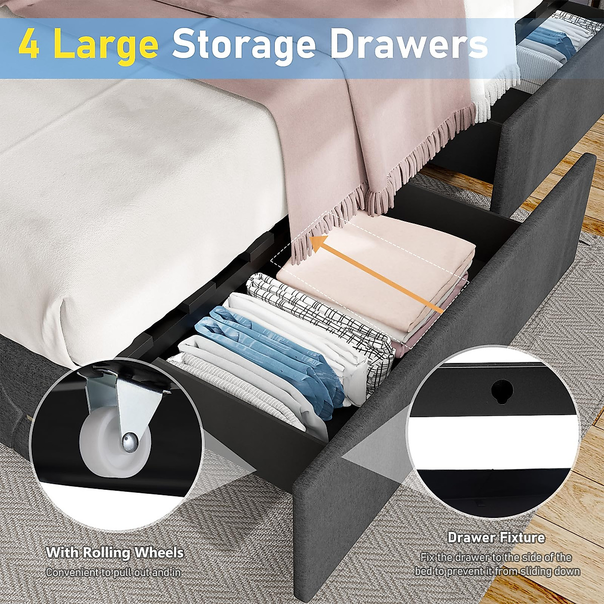 HOMFAMILIA LED Full Bed Frame with 4 Storage Drawers, Upholstered Full Platform Bed with Adjustable LED Lights Headboard, Storage, Noise Free, No Box Spring Needed, Easy Assembly, Dark Grey