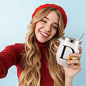 Zopeal Funny Personalized Coffee Mug Cup with Initials, Monogrammed Gift for Women Mom Teacher Birthday Christmas Wedding, 12 oz Stainless Steel Wine Tumbler with Brush Straw Gift Box(D)