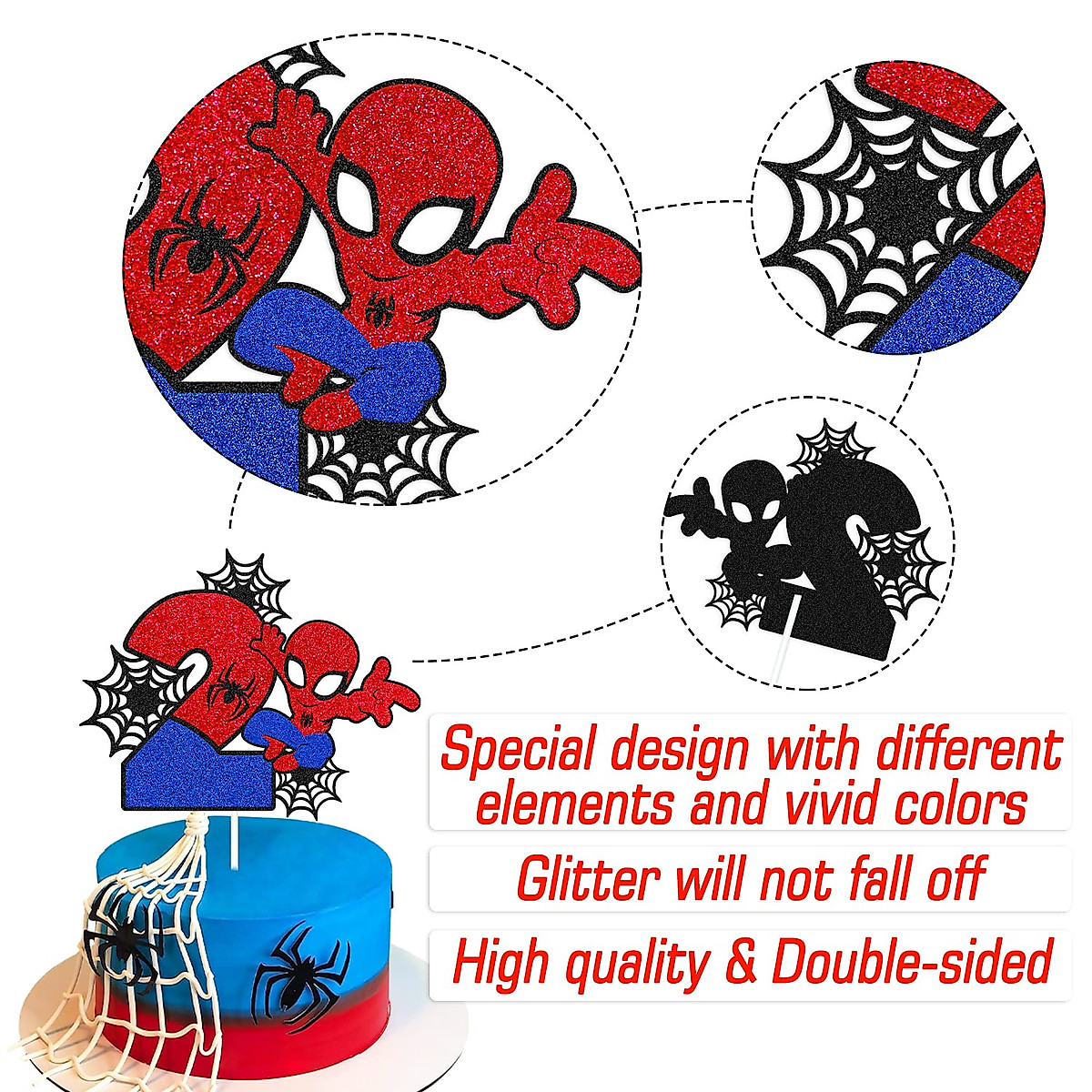 Spider 2nd Cake Topper Spider Cartoon Movie Themed Happy 2s Birthday Cake Decorations for Boys Girls Children Kids Men Women Two Bday Party Supplies Double Sided Glitter Black Décor