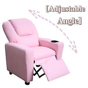 anwickjeff Modern PU Leather Kids Recliner Chair with Cup Holder, Adjustable 2-in-1 Kids Single Couch for Boys Girls (Pink)