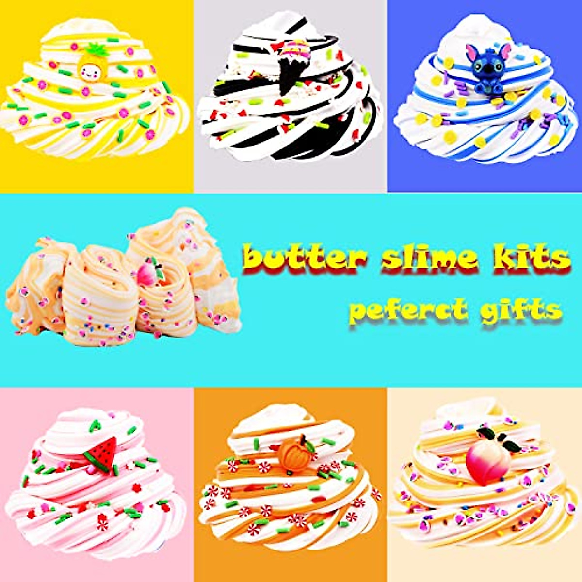 6 Pack Butter Slime Strechy Colorful Non-Sticky and Glossy Slime Kits,Scented Slime Mud,Butter Slime Stress Relief Toy for Girls and Boys Birthday Gifts