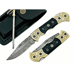 Damascus Steel Blade Folding Pocket Hunting Lock Knife With Real Leather Sheath For Camping Fishing Outdoor. SM106