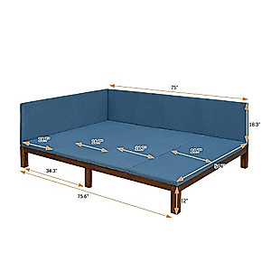 Modern Linen Upholstered Daybed Sofa Bed w/Wooden Frame&Single Side Armrest for Living Room Bedroom,Mid-century Captain Bed Platform Bed Frame w/Tufted Backrest & Under-bed Storage Space (Blue,Full)