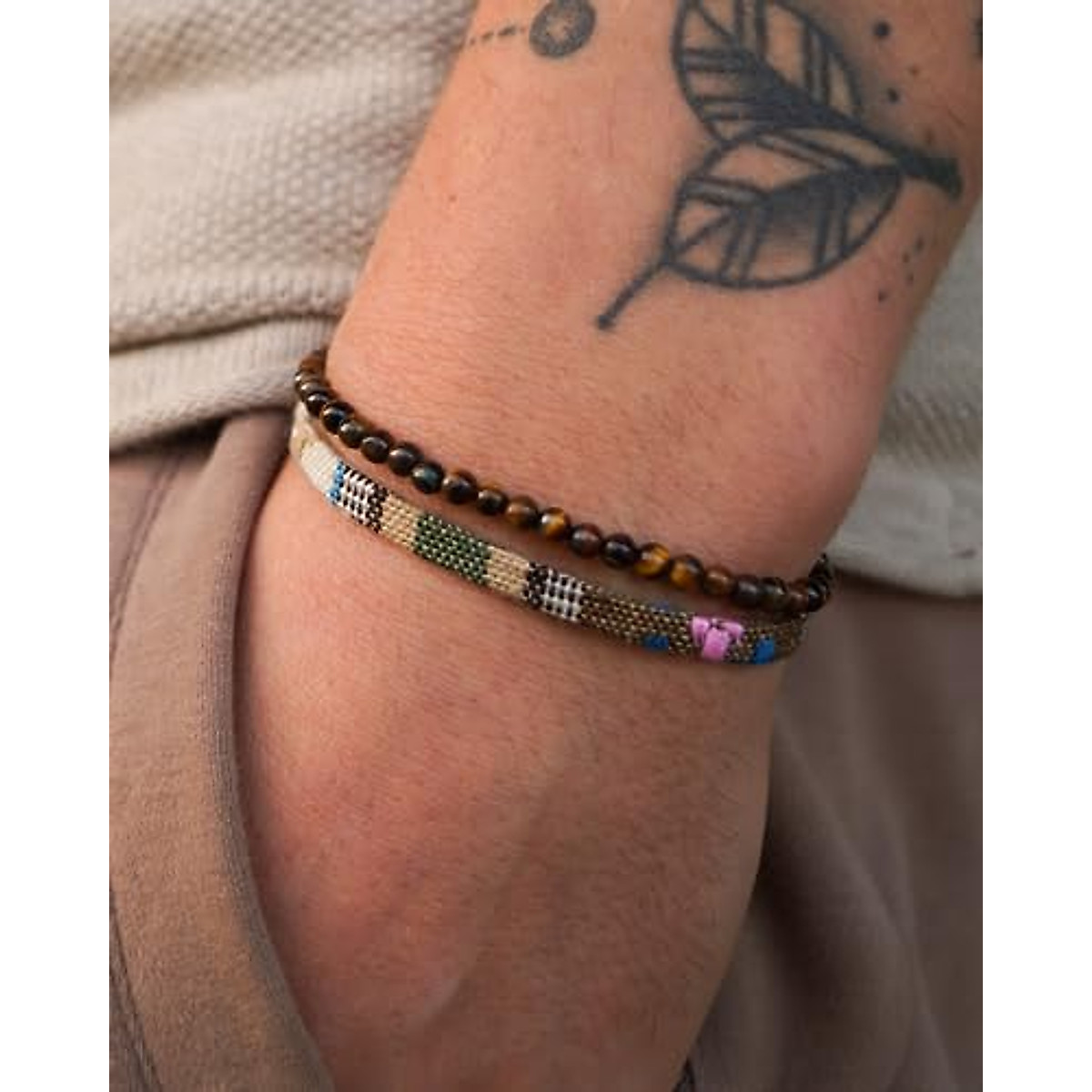 2x Boho Surfer Bracelet Set Women & Men - Handmade Summer Beach Bracelets - Adjustable & 100% Waterproof - Festival Accessories - Beaded & Braided (Tiger-Eyes & Safari)