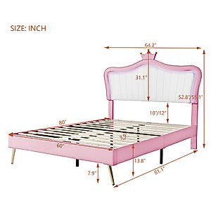 CKLMMC Cute Queen Size Upholstered Princess Bed with Crown Headboard, Modern Upholstered Bed Frame with LED Lights, No Box Spring Required (White+Pink/Princess1)