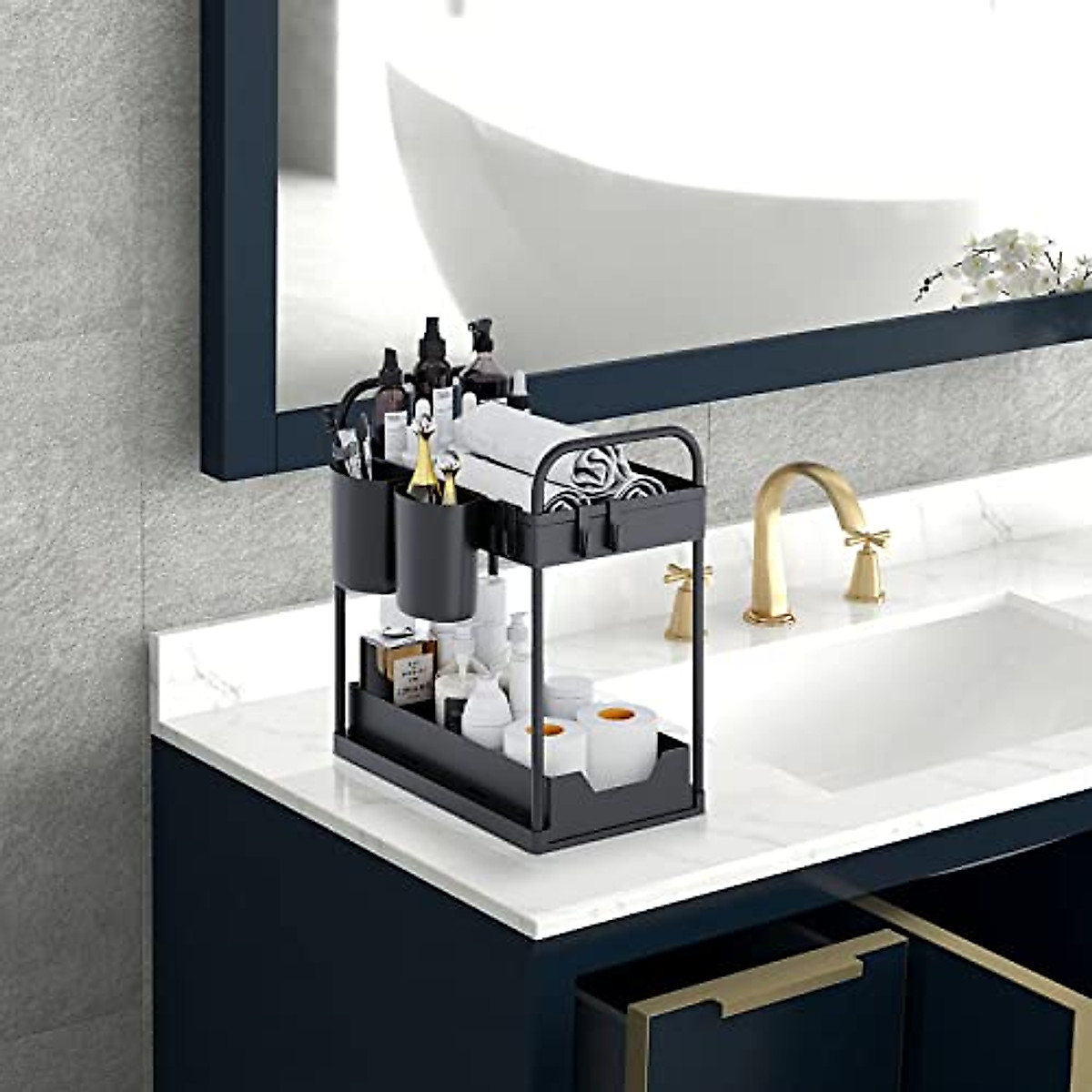 2 Pack Under Sink Organizers and Storage, Cabinet Organizer with Sliding Drawers, Bathroom Organizer, Multi-purpose Under Kitchen Sink Storage Shelf with Handles, 4 Cups and 8 Hooks, (Black)